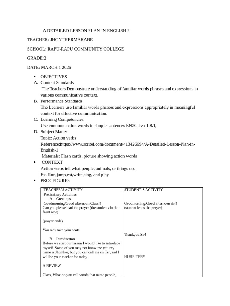 Lesson Plan Action Words | PDF | Word | Phrase