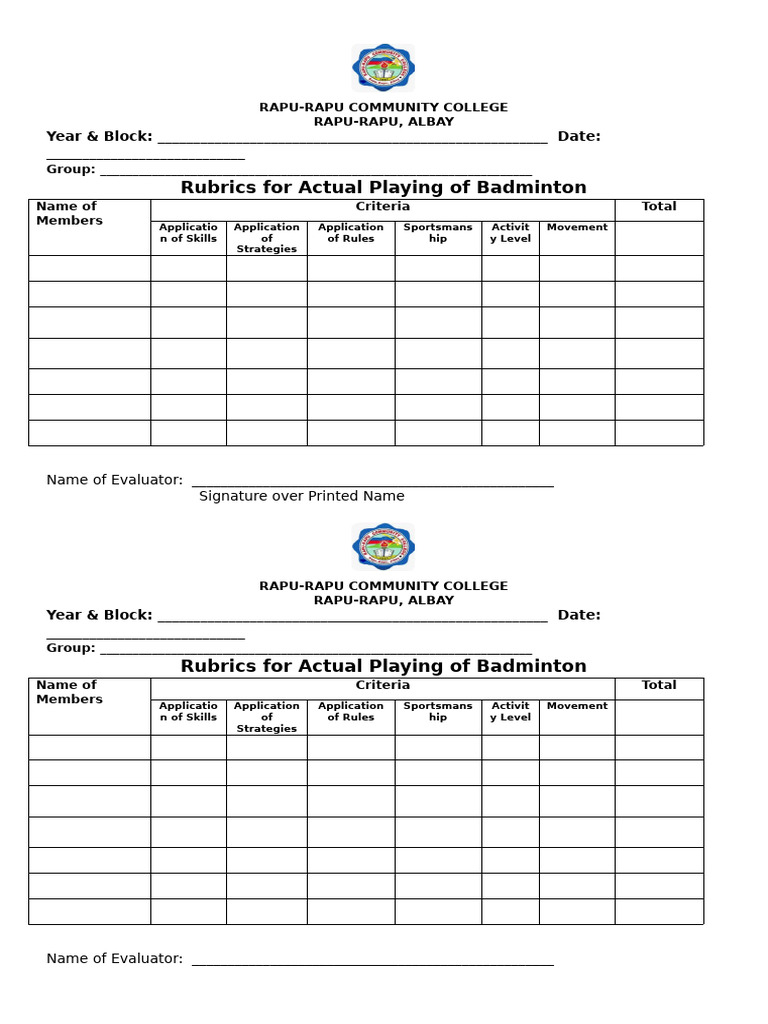 Rubrics For Actual Badminton | PDF