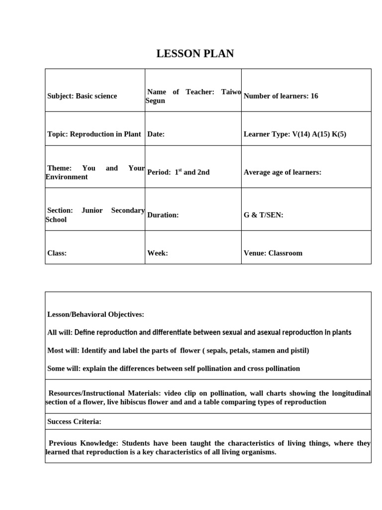 LESSON PLan Reproduction in Plant. | PDF | Flowers | Plant Reproduction