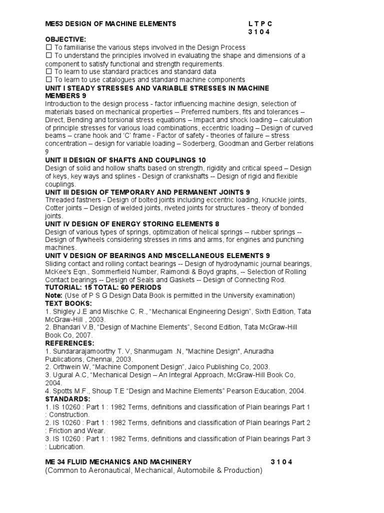 Me53 Design of Machine Elements L T P C | PDF | Fluid Mechanics | Pump