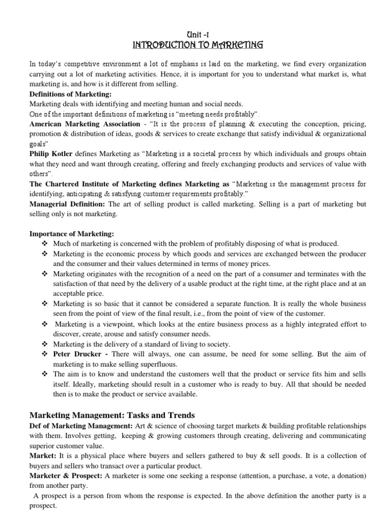 Introduction To Marketing: Unit - 1 | PDF | Marketing | Sales