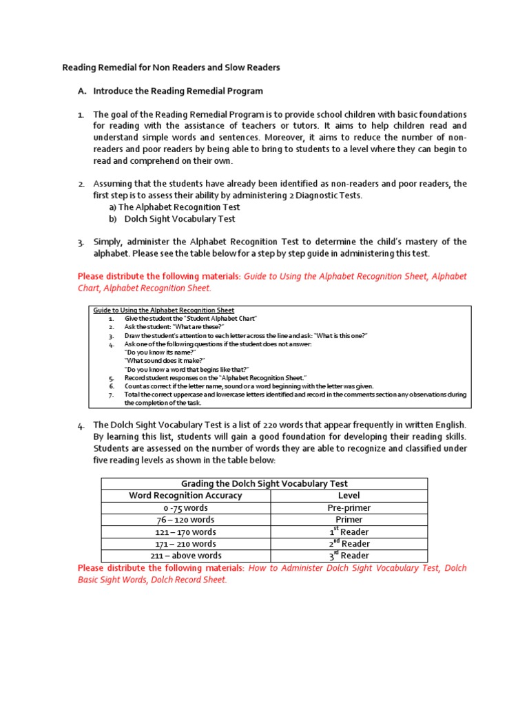 Reading Remedial For Non Readers and Slow Readers | PDF | Tutor | Test ...