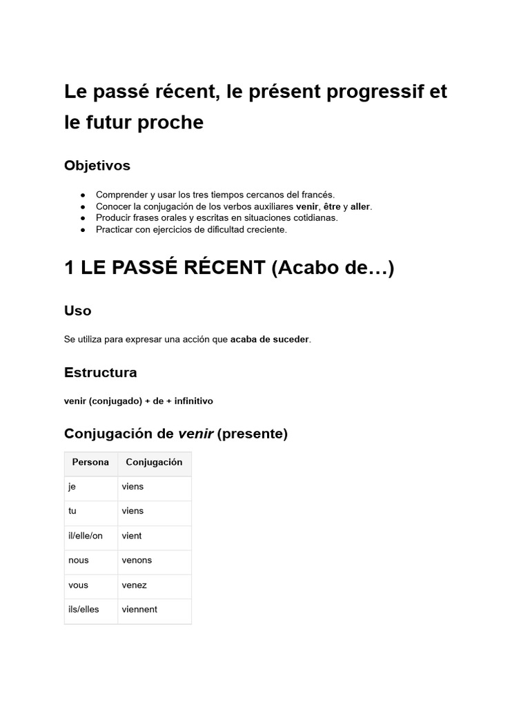 Le Passé Récent, Le Présent Progressif Et Le Futur Proche | PDF ...