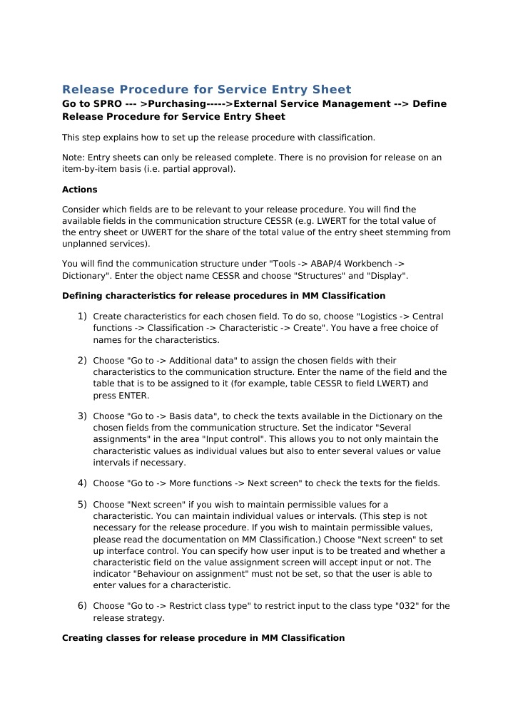 Release Procedure For Service Entry Sheet | PDF | Statistical ...