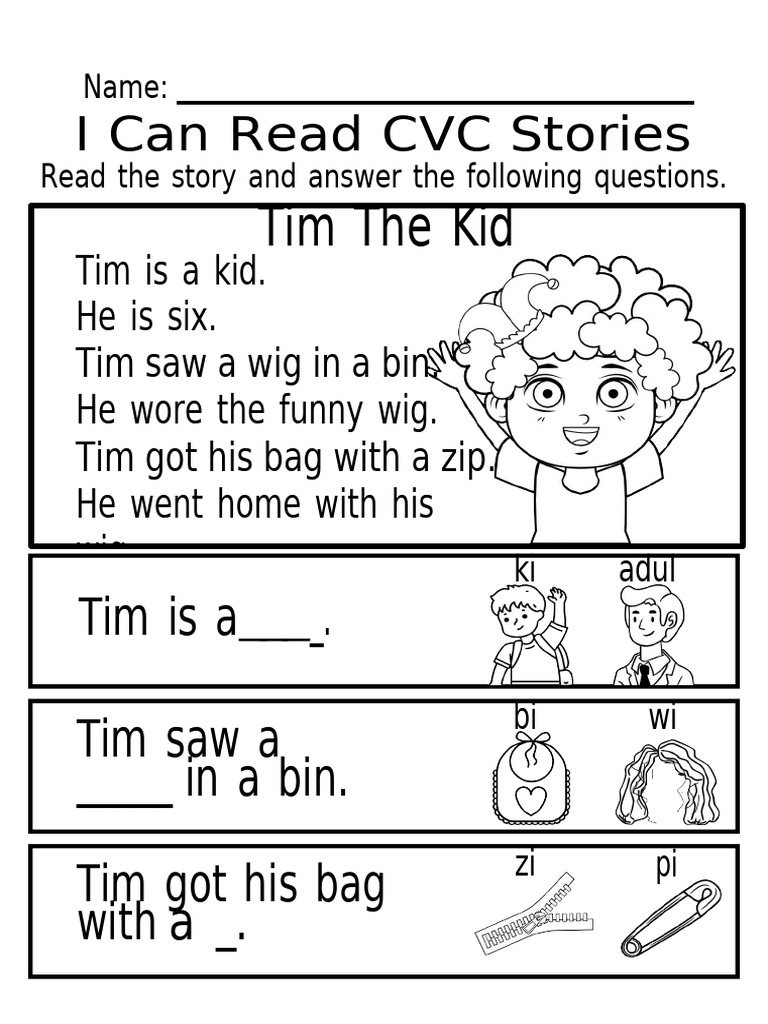 CVC Stories Reading Comprehension Worksheet | PDF | Linguistics | Human ...