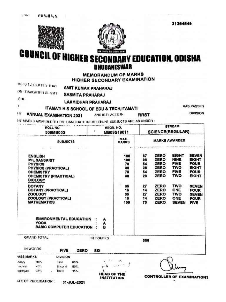 +2 Mark Sheet .Jpeg | PDF