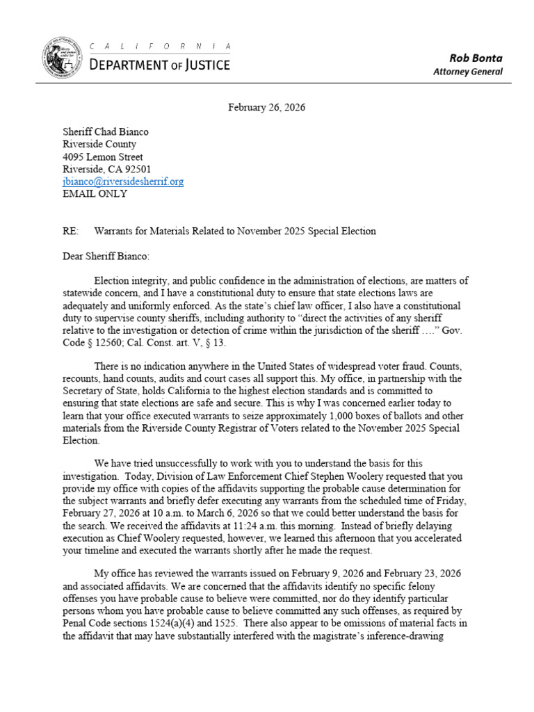 Feb. 26 Letter From California Attorney General To Riverside County ...