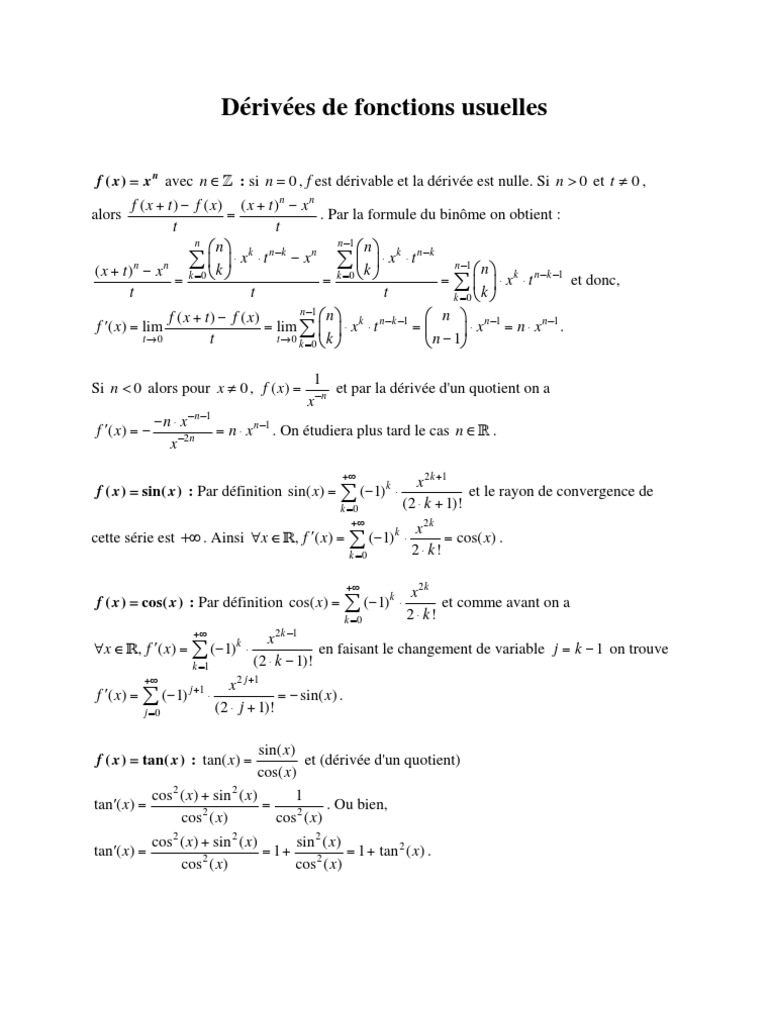 Dérivées Et Primitives de Fonctions Usuelles | PDF | Série ...