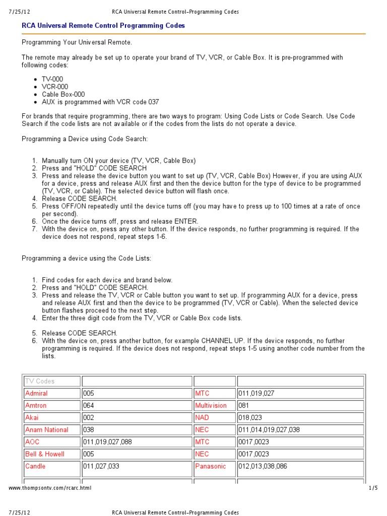 RCA Universal Remote Control-Programming Codes | Download Free PDF ...