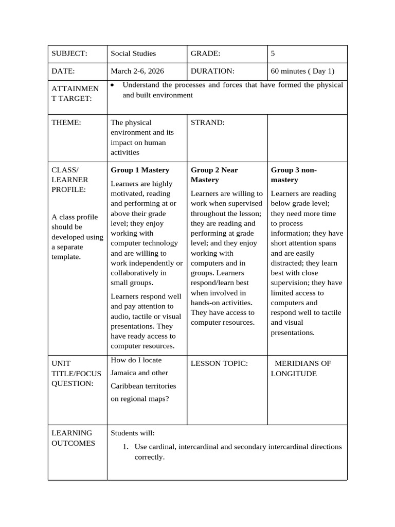 Grade 5 Social Studies Lesson Plan - March 2-6 Day 1 & 2 | PDF ...