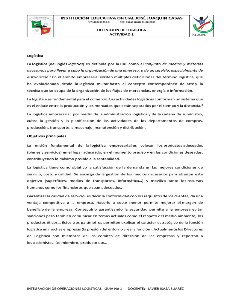 Guia 1 Definicion de Logistica 2026 | PDF | Logística | Negocios económicos