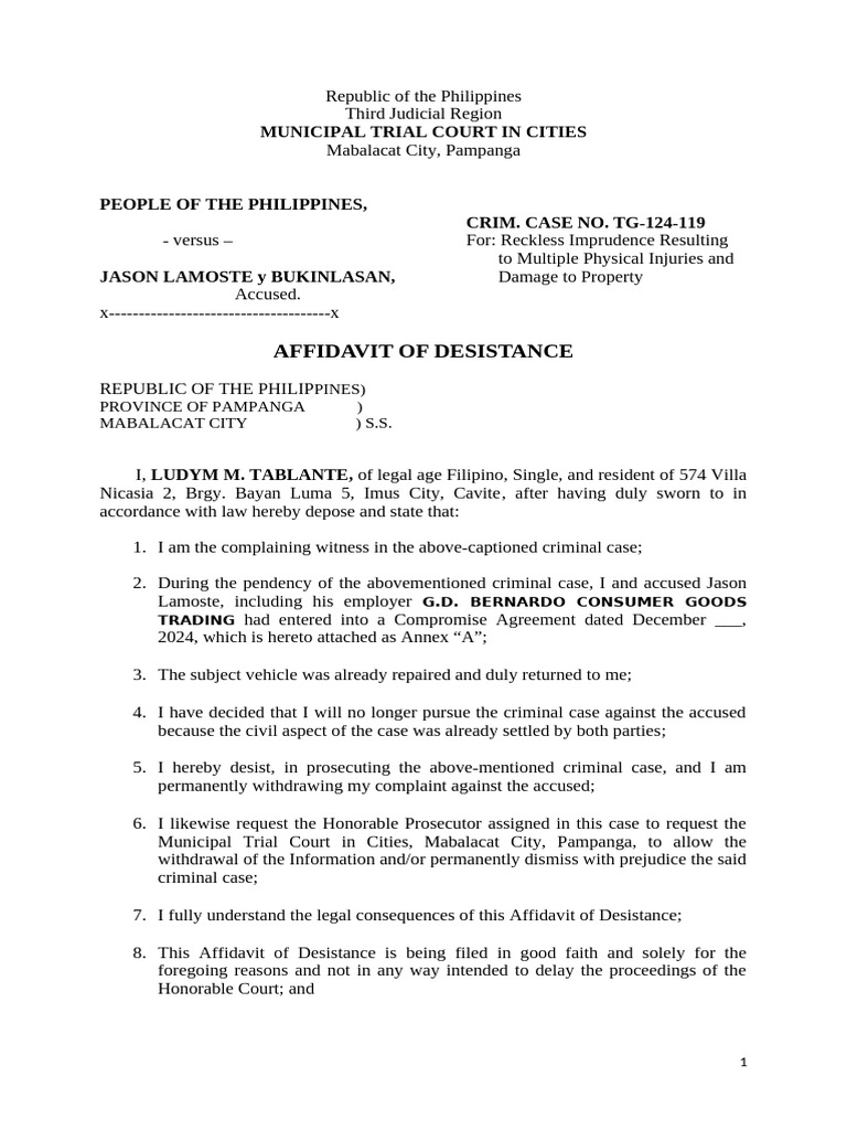AFFIDAVIT OF DESISTANCE Tablante | PDF | Affidavit | Criminal Law