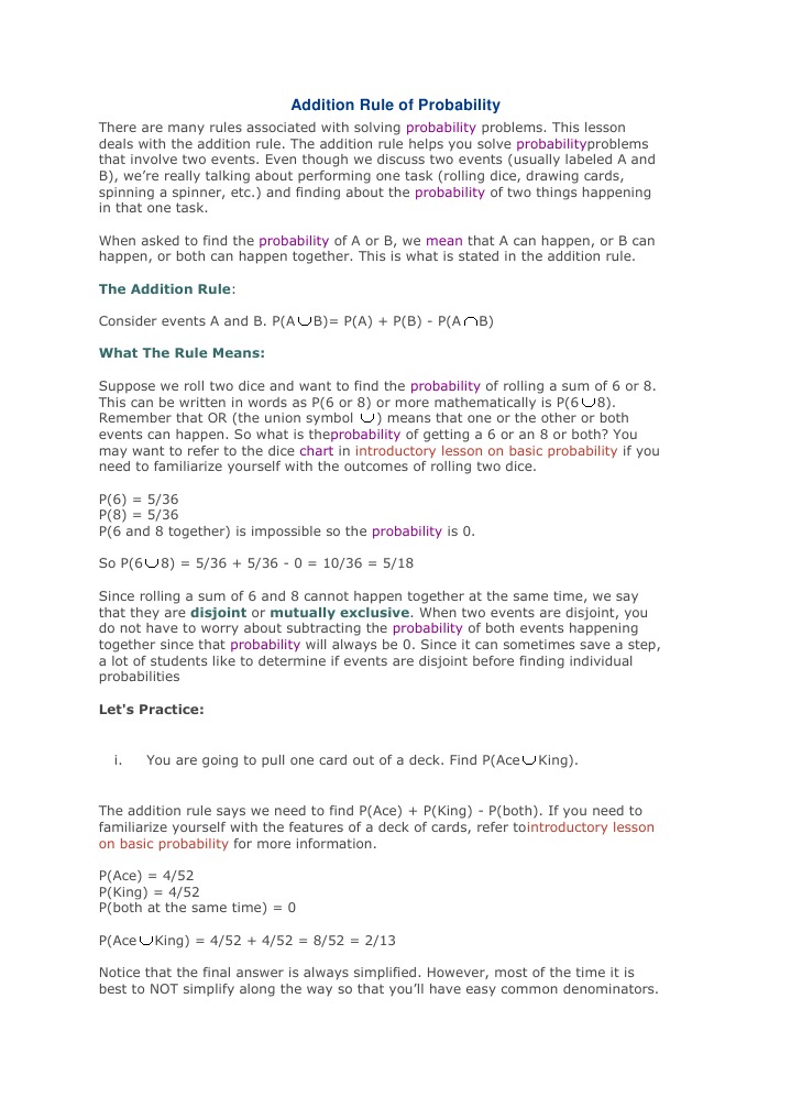 Addition Rule of Probability | PDF | Probability | Teaching Mathematics