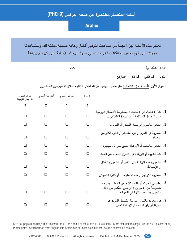 Arabic PHQ 9 | PDF | Wellness