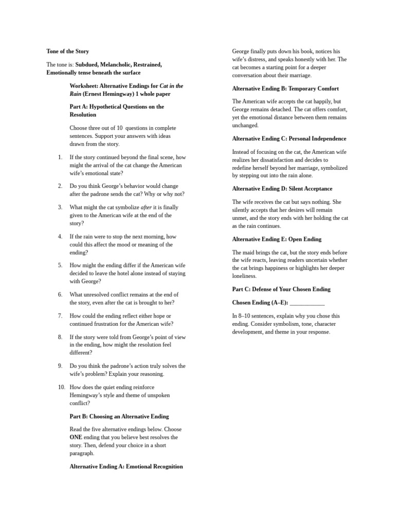 Worksheet For Hemingway's Cat in The Rain | PDF
