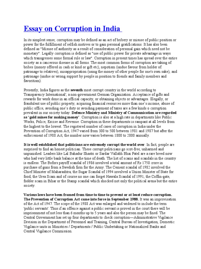 Essay On Corruption in India | PDF | Corruption | Bribery