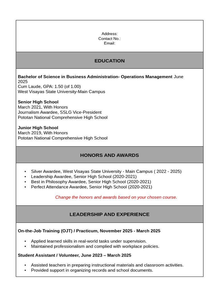 CV For Fresh Graduates - Sample Final.2025.2026 | PDF | Curriculum ...
