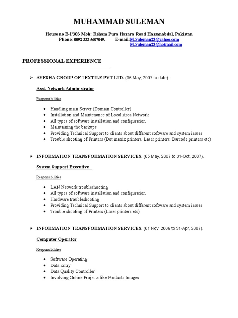 Suleman CV | PDF | Printer (Computing) | Technical Support