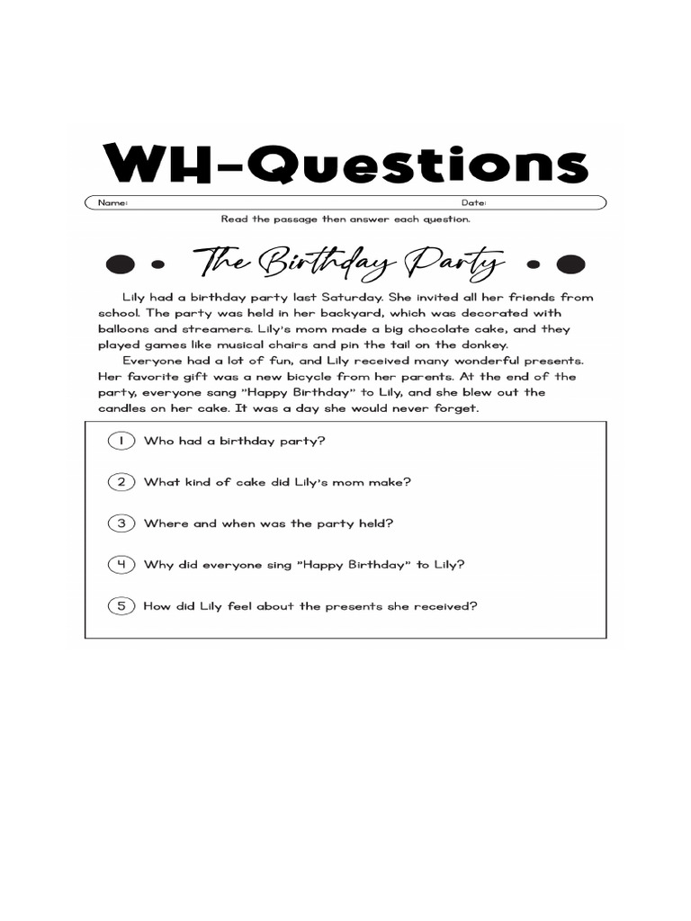 Printable WH Questions Reading Comprehension Worksheets For Kids 29631 ...