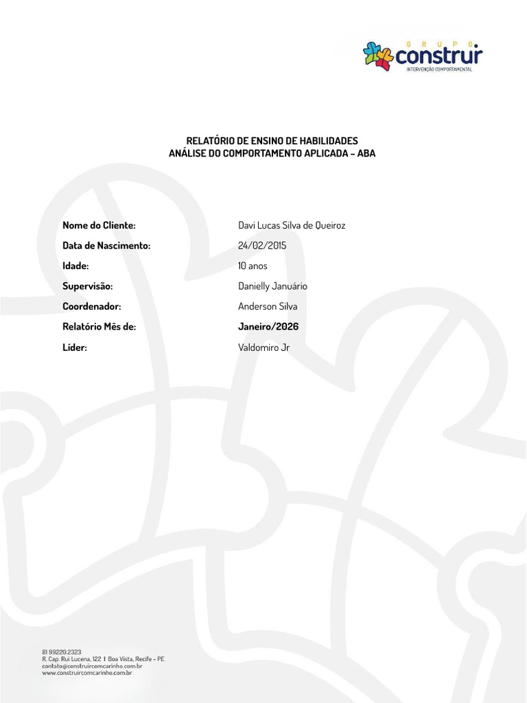 Doc. Relatório Aba Escolar - Davi Lucas - Janeiro 2026 | PDF ...