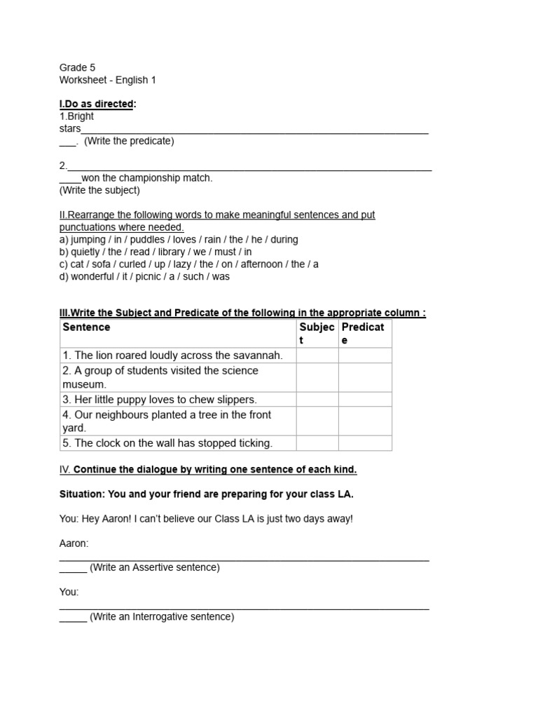 Worksheet - Grade 5 - English 1 | PDF