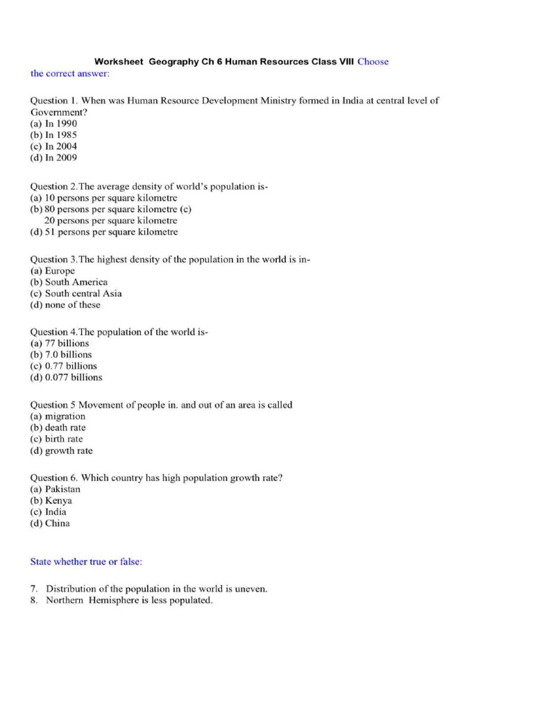 Worksheet Geography Ch-6, Class-8 | PDF