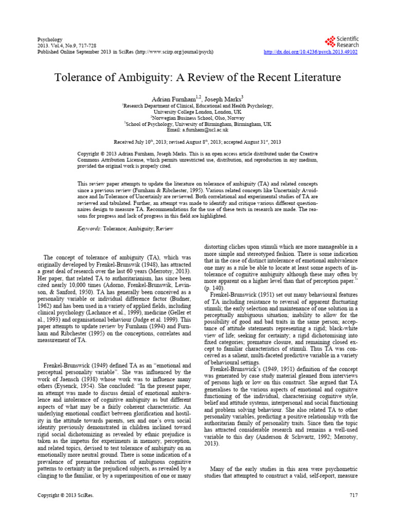 Adrian Furnham - Tolerance of Ambiguity - A Review of The Recent ...