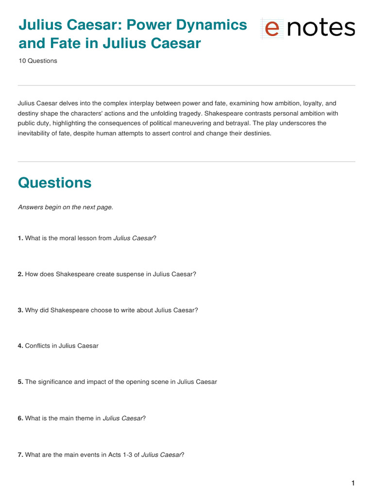 Enotes Power Dynamics and Fate in Julius Caesar Questions | PDF | Mark ...
