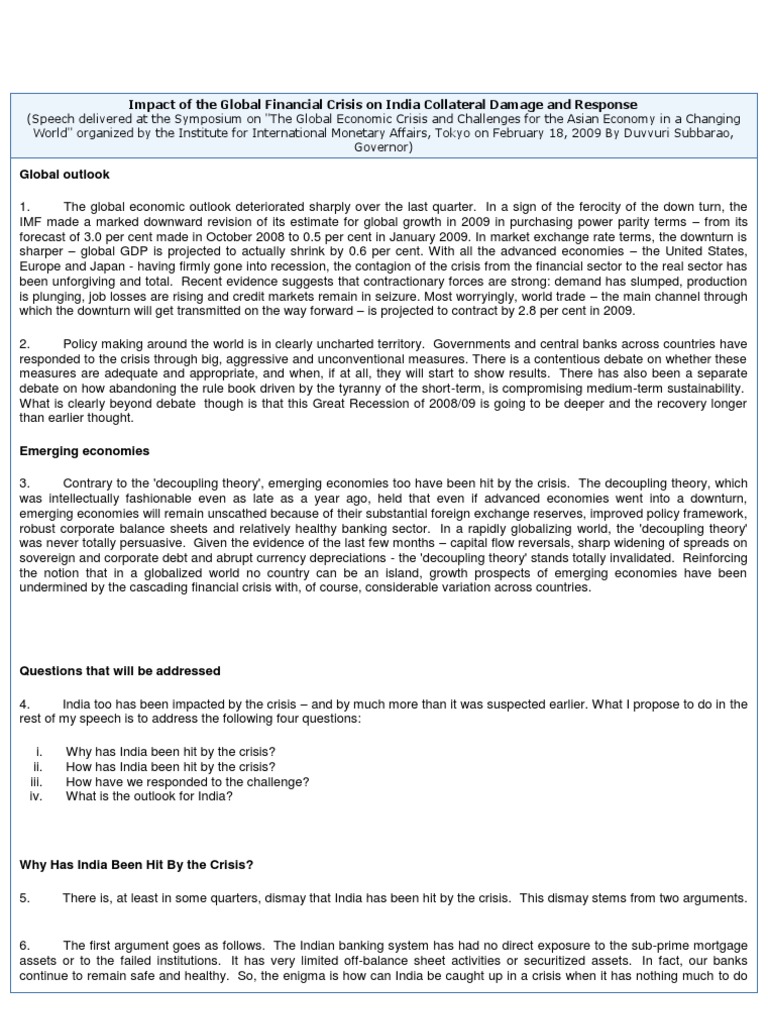 Impact of The Global Financial Crisis by D Subburao | PDF | Financial ...
