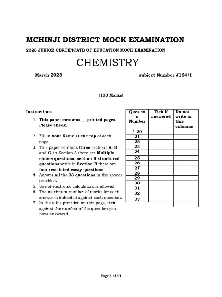 2023 Mchinji Jce Chemistry Mock | PDF | Chemical Elements | Alkene