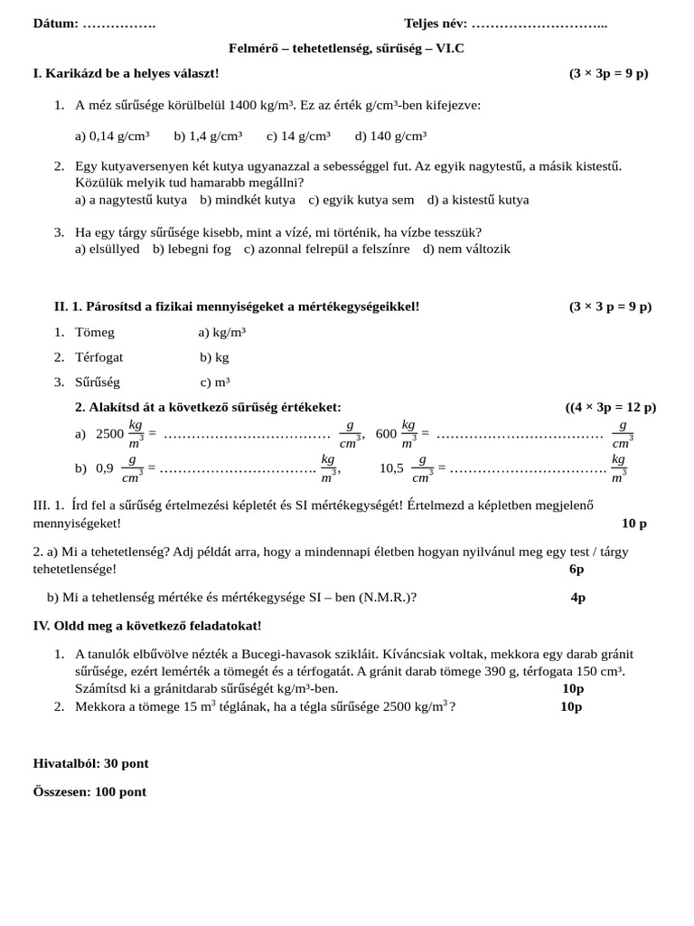 6C Felmero Tehetetlenség, Suruseg | PDF