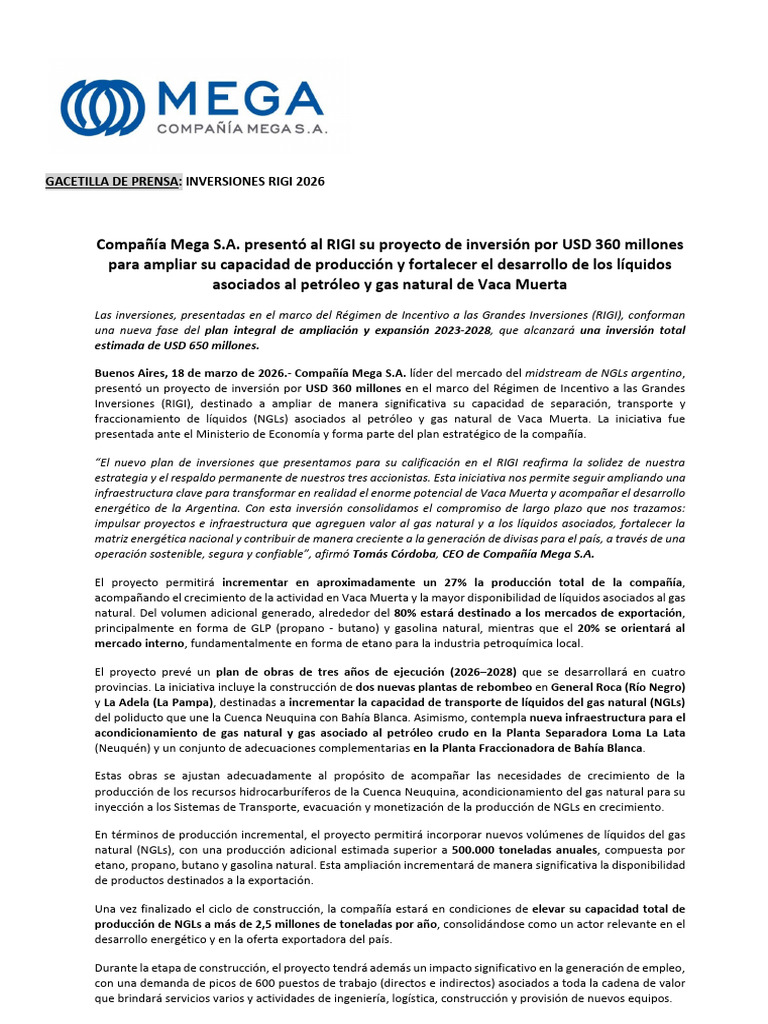 MEGA I Gacetilla Inversiones RIGI I 18.03.26 | PDF | Gas natural ...