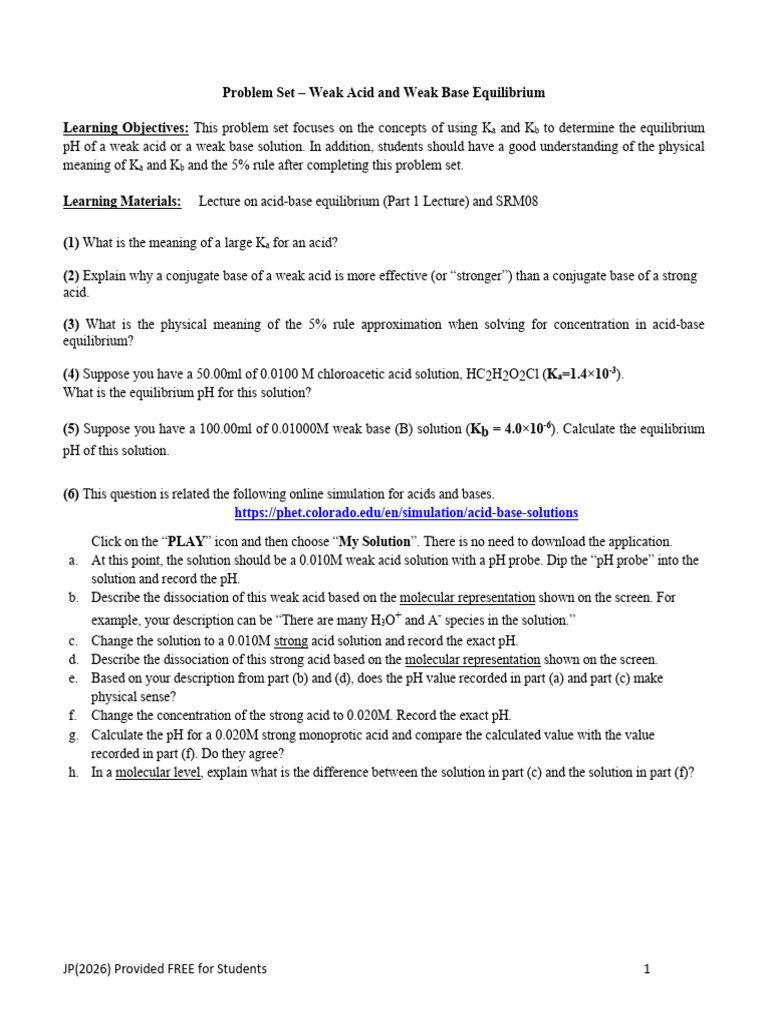 Problem Set - Weak Acid Weak Base Equilibrium | PDF | Acid | Ph
