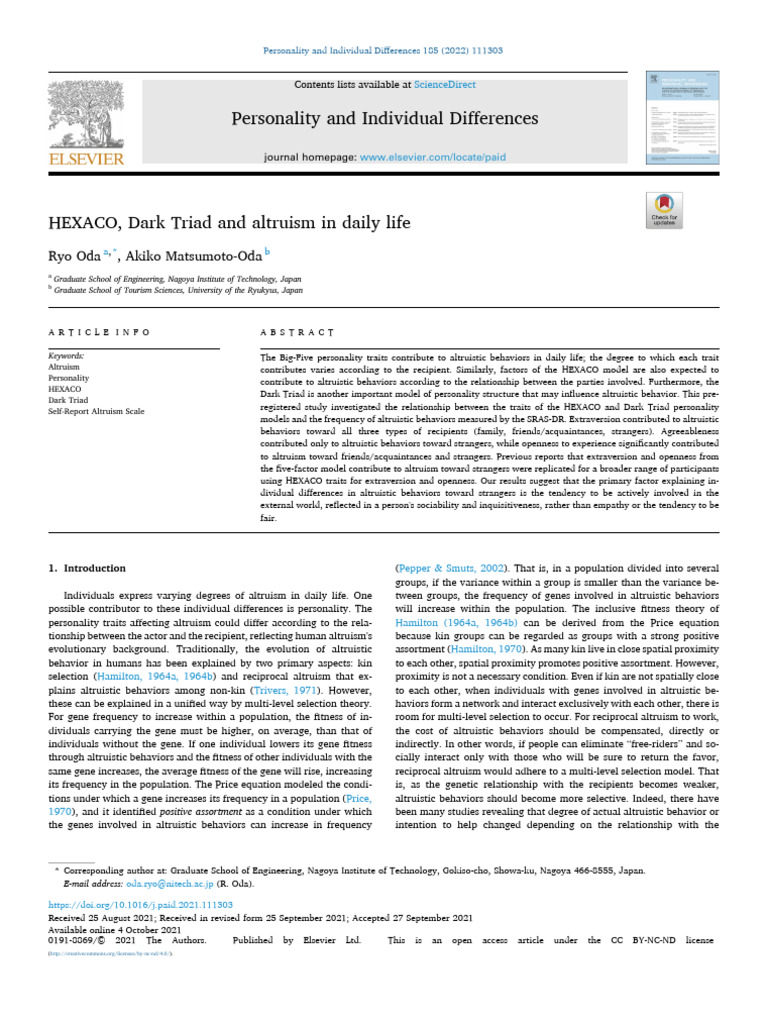 HEXACO Dark Triad and Altruism in Dai - 2022 - Personality and ...