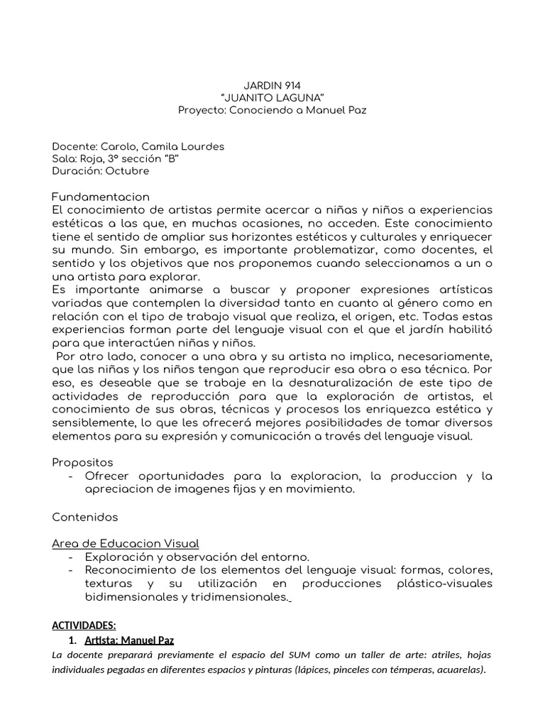 Proyecto. La Galeria de Arte de Manuel Paz. Nivel Inicial | PDF ...