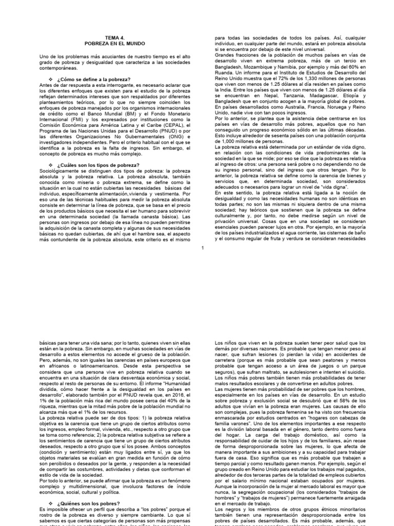 Tema 4. Pobreza en El Mundo | PDF | Pobreza | Pobreza e indigencia