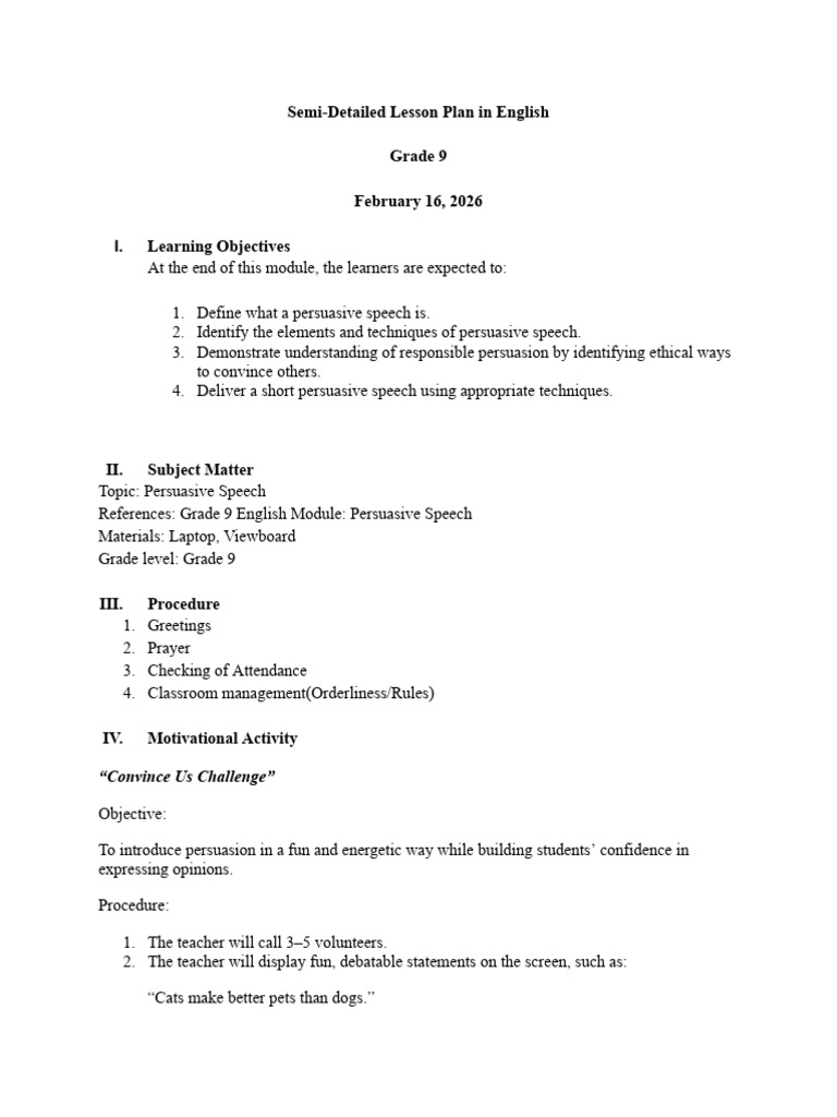 Semi-Detailed Lesson Plan (Persuasive Speech) | PDF