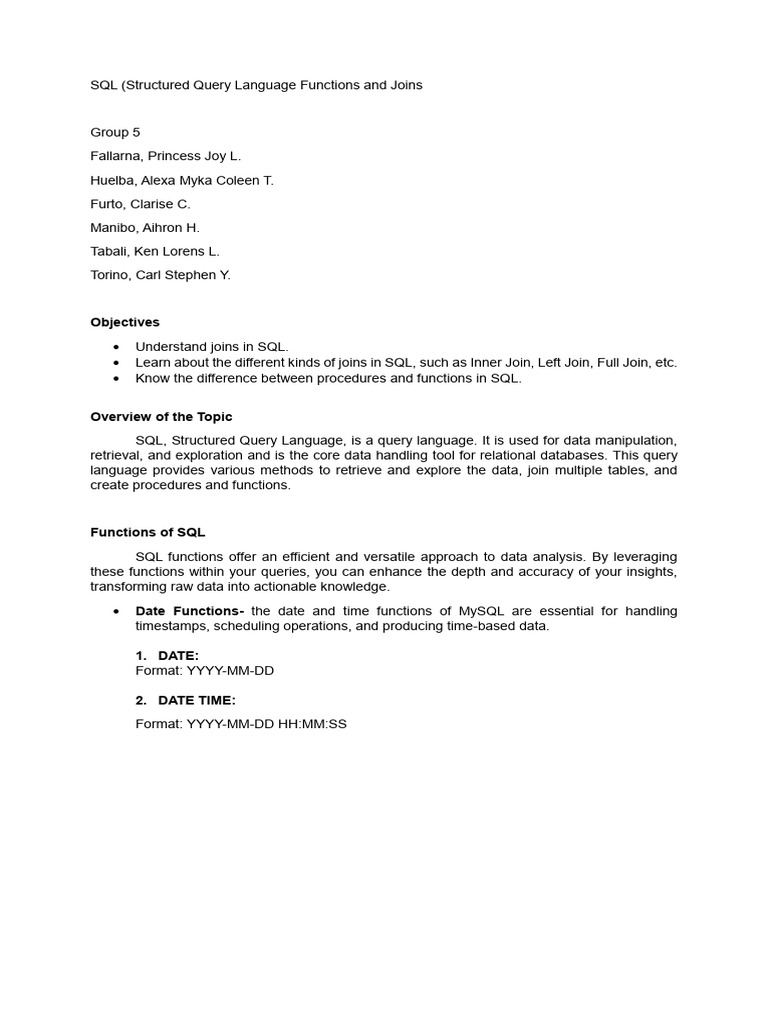 Group 5 SQL Functions Joins Docu | PDF