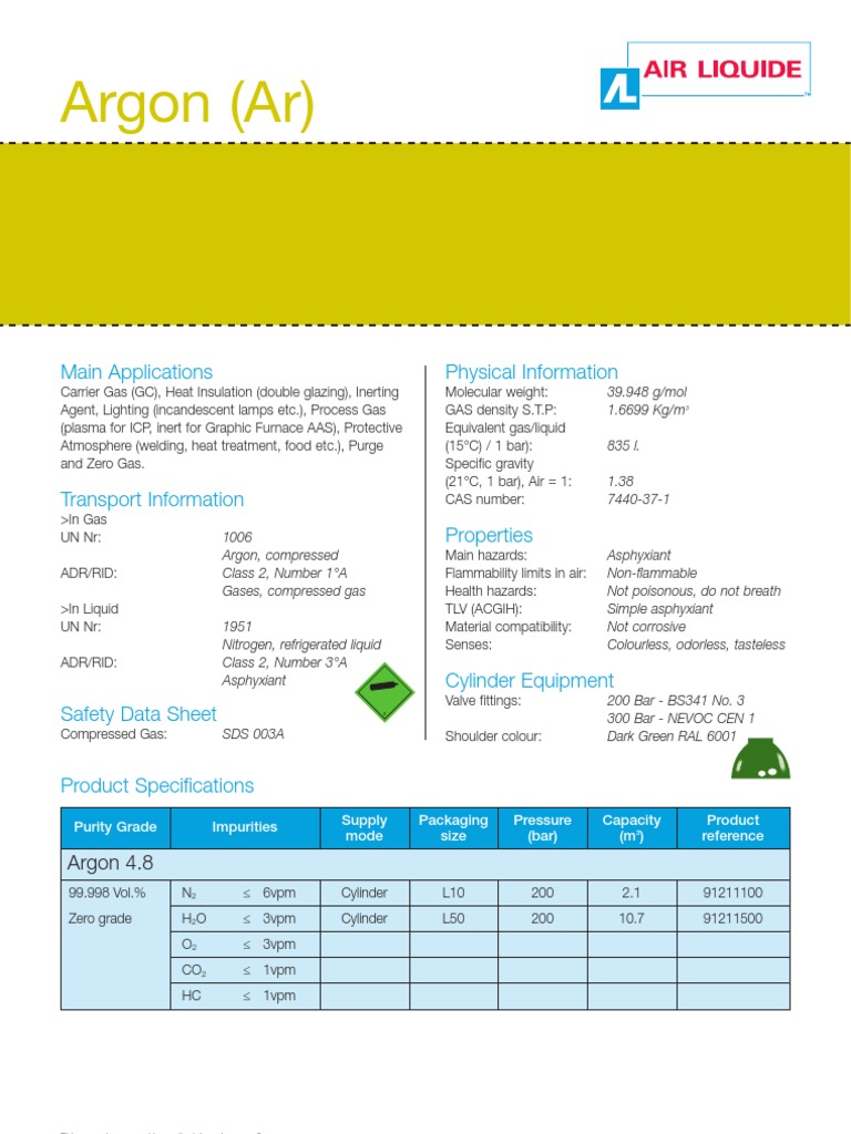 Argon Specification - AIR LIQUIDE | PDF | Argon | Gases