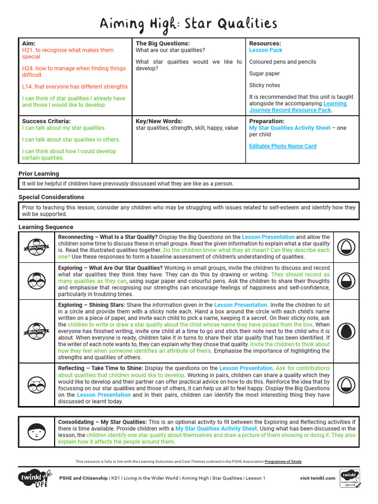 KS1 Aiming High - Star Qualities - Lesson Plan | PDF | Cognition ...