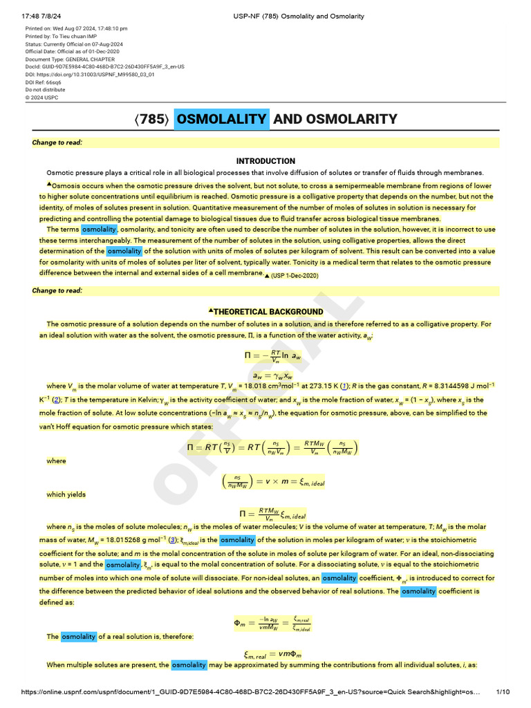 USP-NF 785 Osmolality and Osmolarity | PDF | Osmosis | Melting Point