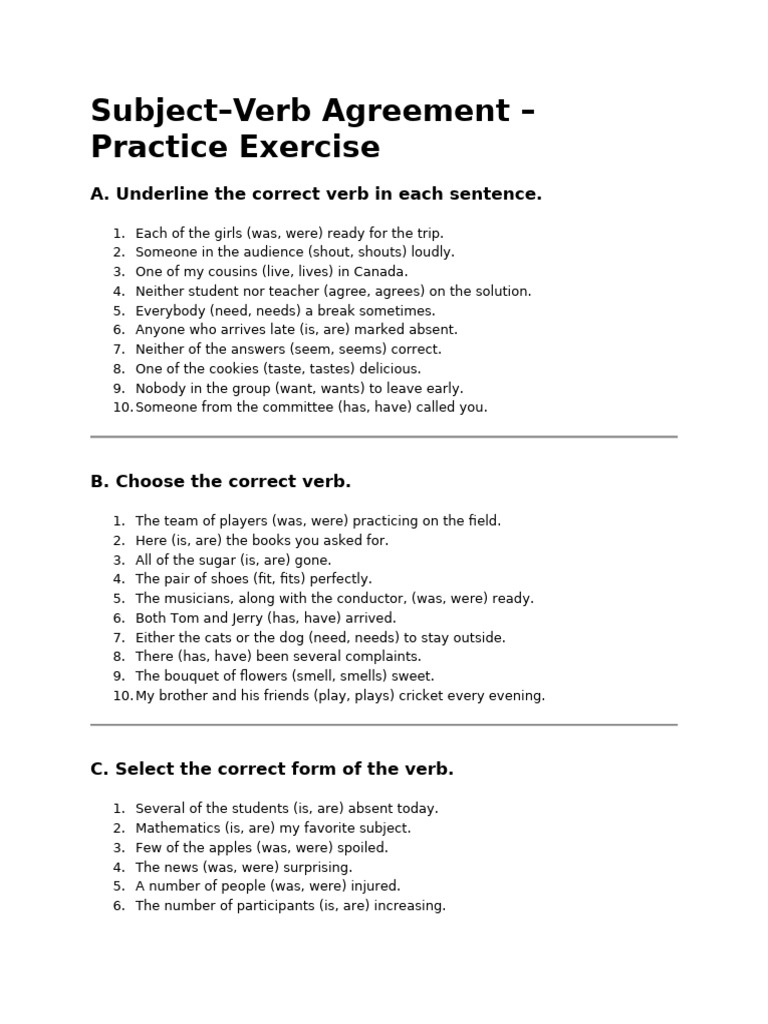 Subject-Verb Agreement - Practice Exercise | PDF