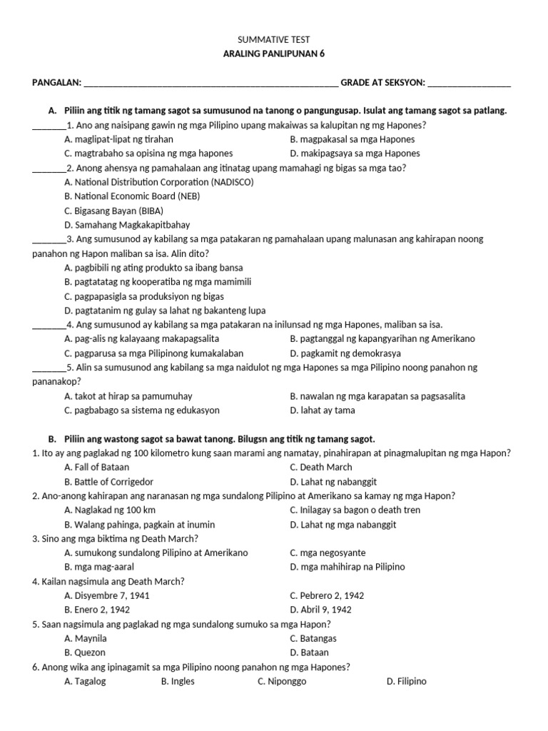 Summative Test AP 6 q3 | PDF