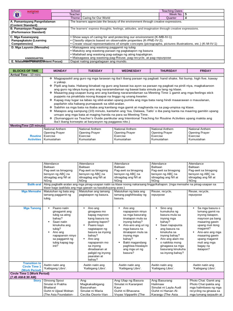 Kindergarten DLL Matatag Q4 Week 5 | PDF