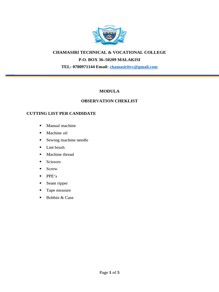Observation Checklist Modula | PDF | Sewing Machine | Sewing