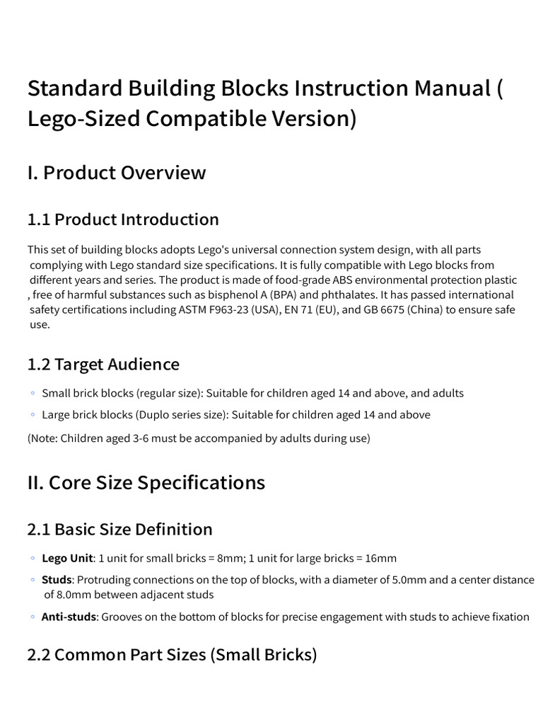 Standard Building Blocks Instruction Manual (Lego-Sized Compatible ...