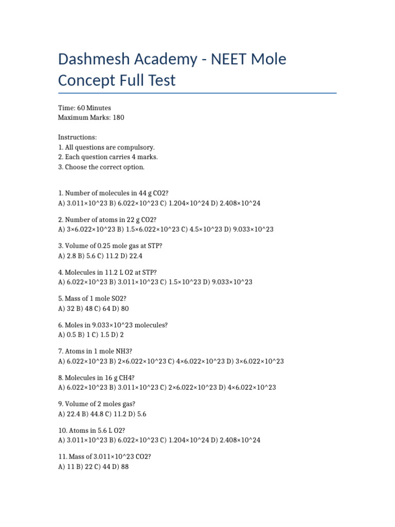 NEET Full Mole Test | PDF | Mole (Unit) | Chemistry