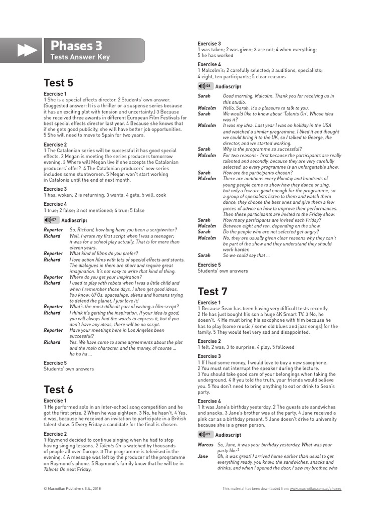 Phases 3 2nd Ed U5-End-Of-year Tests Answer Key | PDF