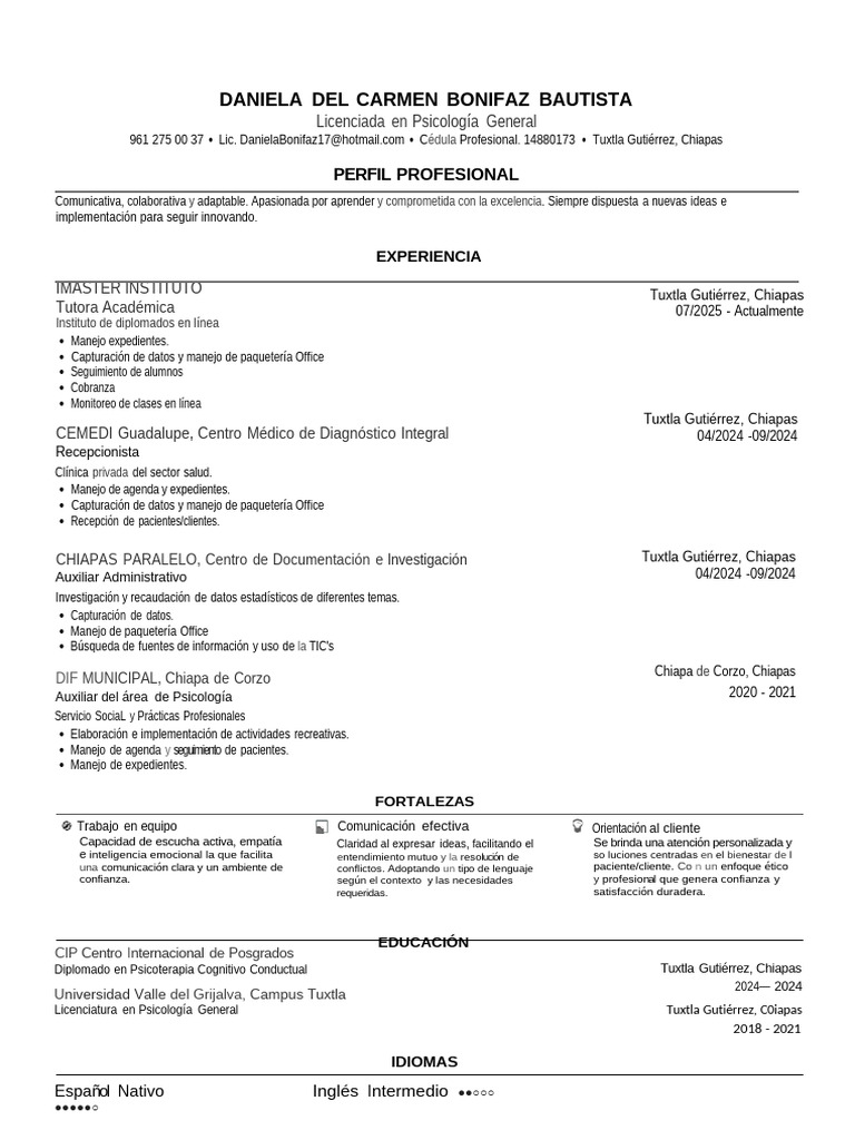 CV Daniela Del Carmen Bonifaz Bautista 2026 | PDF | Sicología ...
