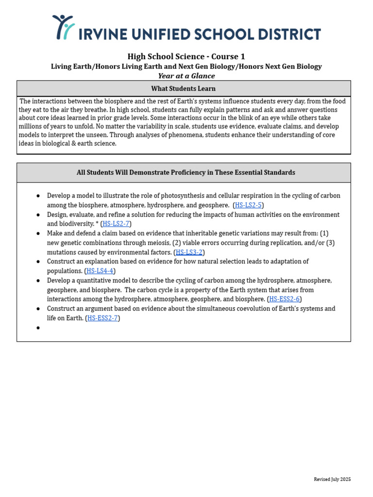 HS Course 1 Year at A Glance Essential Standards Science | PDF